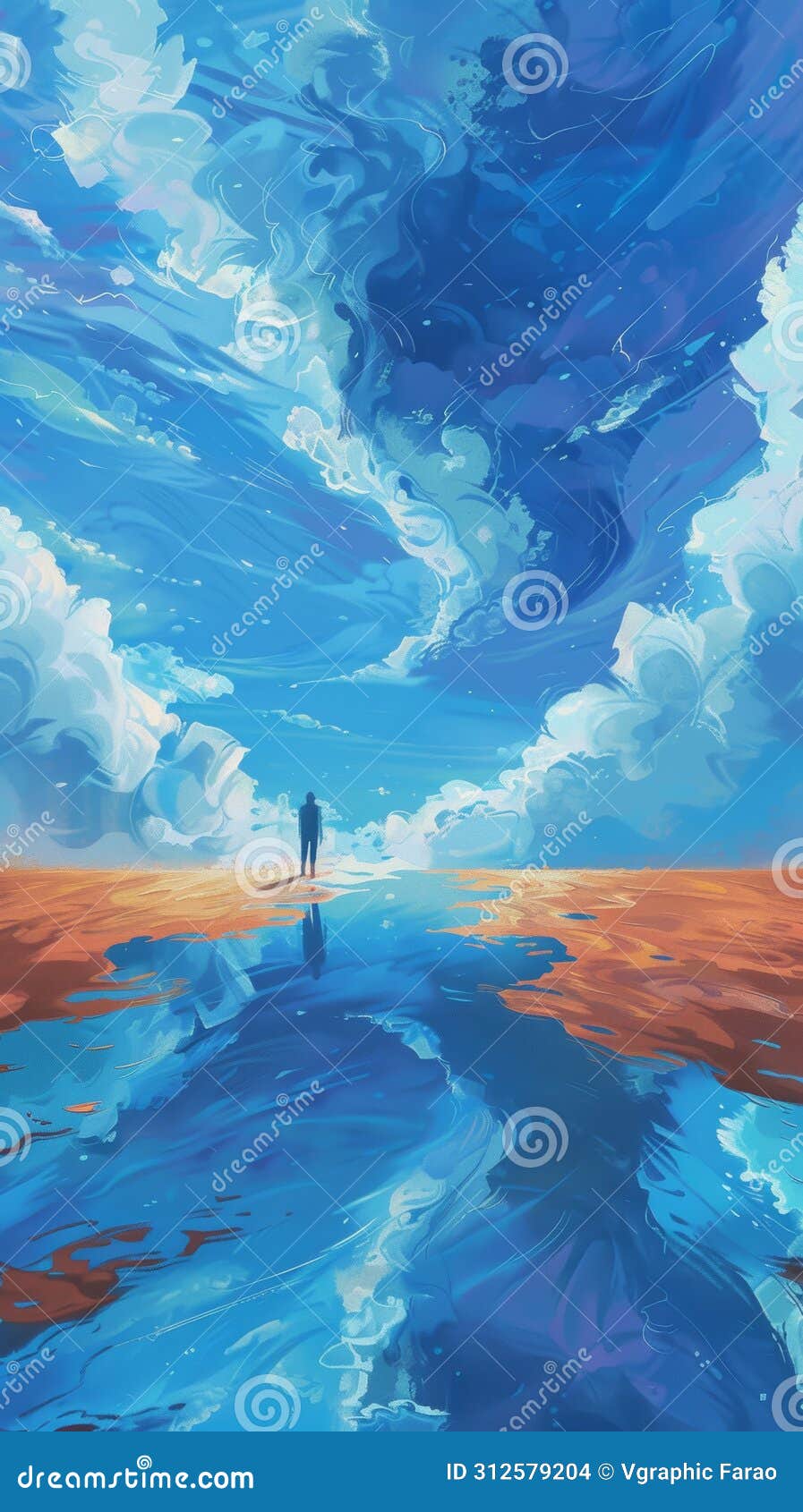 Surreal Landscape with Figure Standing on Reflective Surface Stock ...