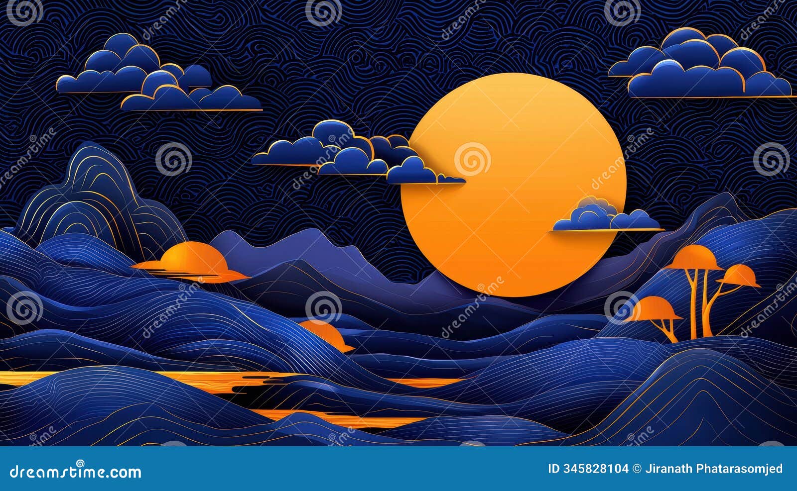 Surreal Landscape with Floating Clouds and Large Sun Stock Illustration ...