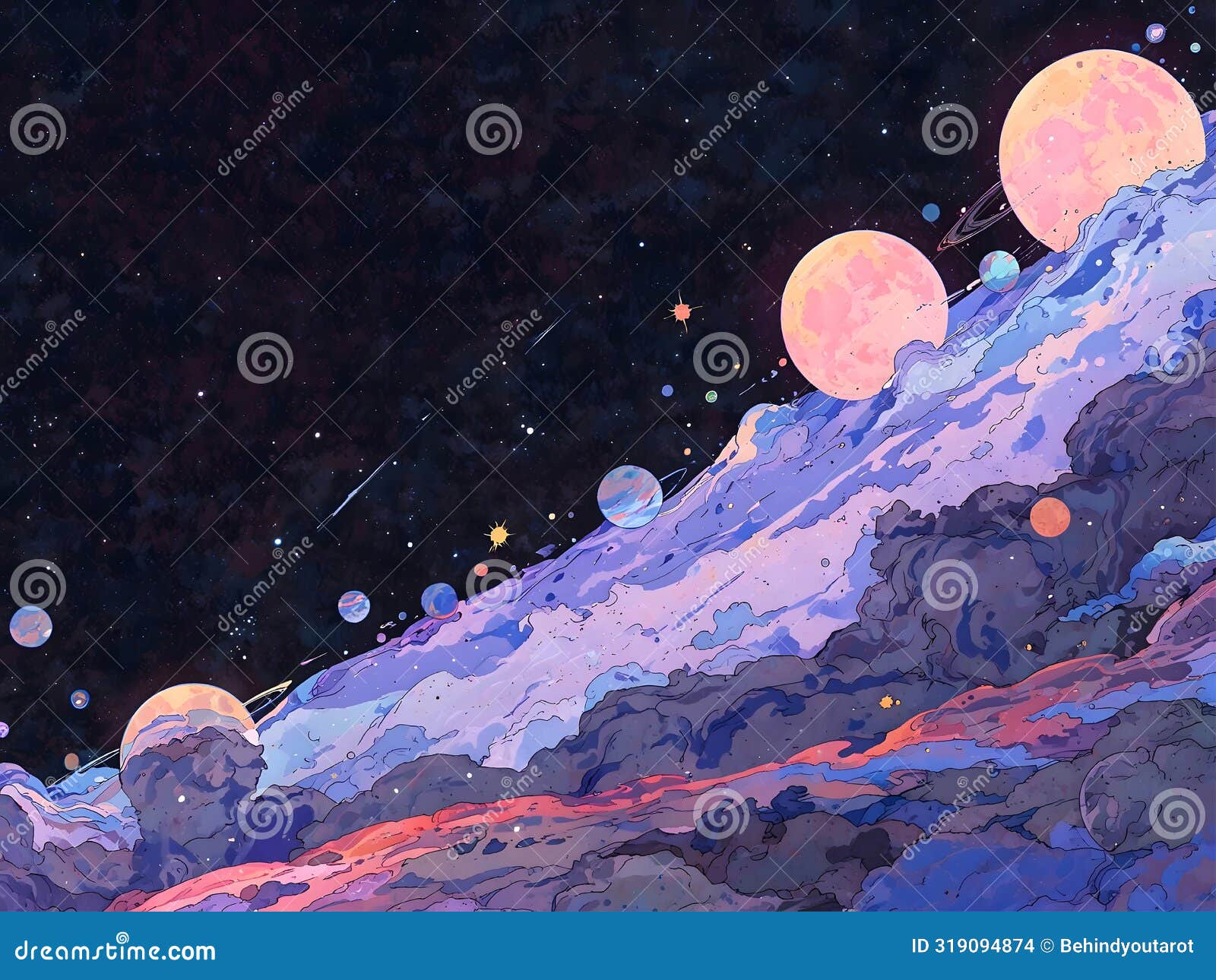 Surreal Landscape with Floating Planets and Swirling Clouds Stock ...