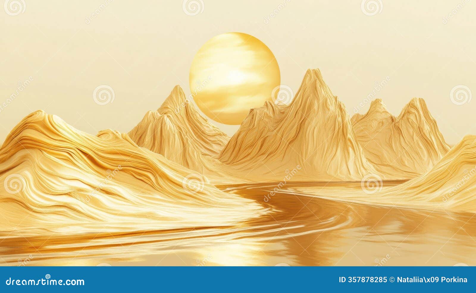 Surreal Landscape of Golden Mountains and River with Setting Sun ...