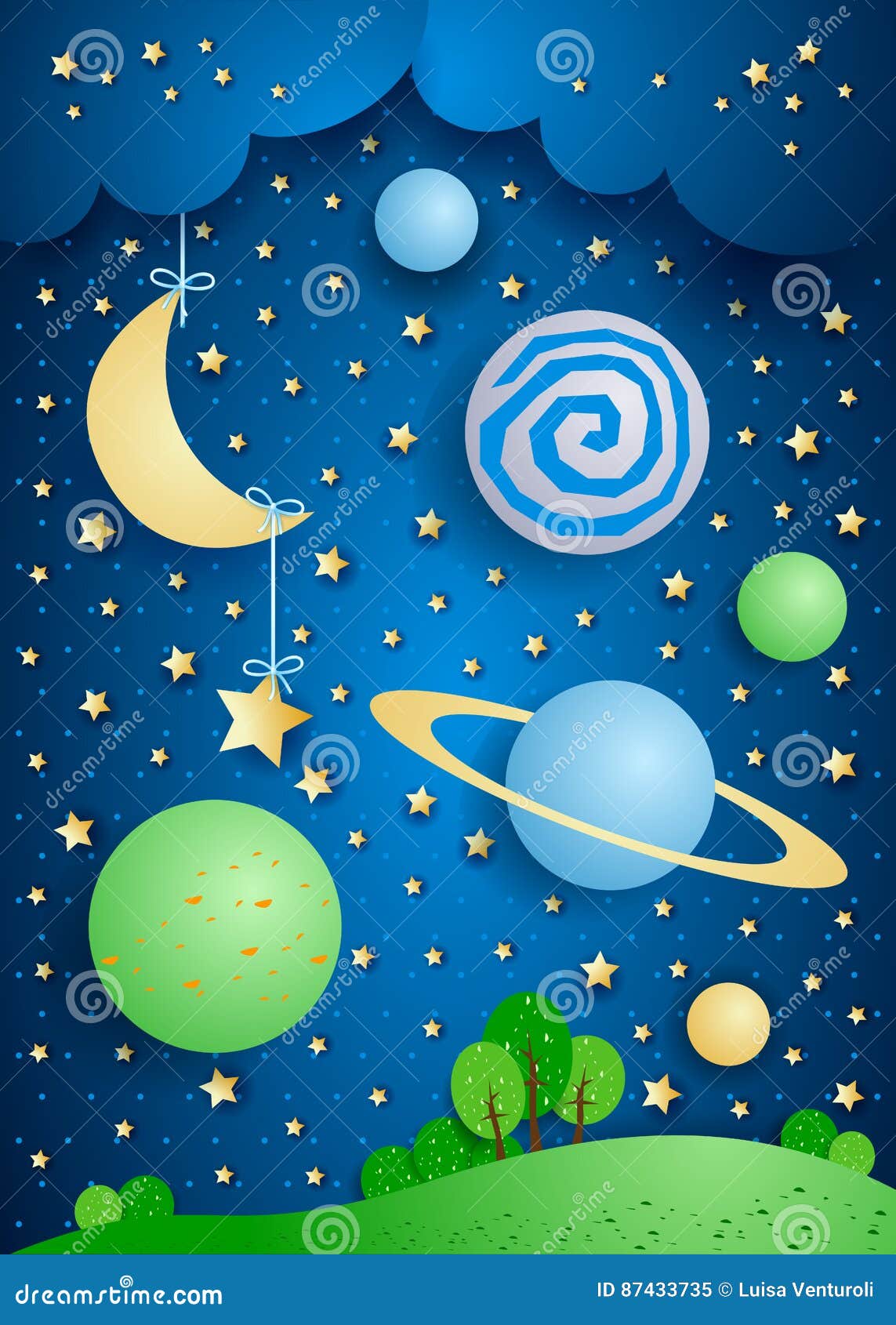 Surreal Landscape with Hanging Moon and Planets Stock Vector ...