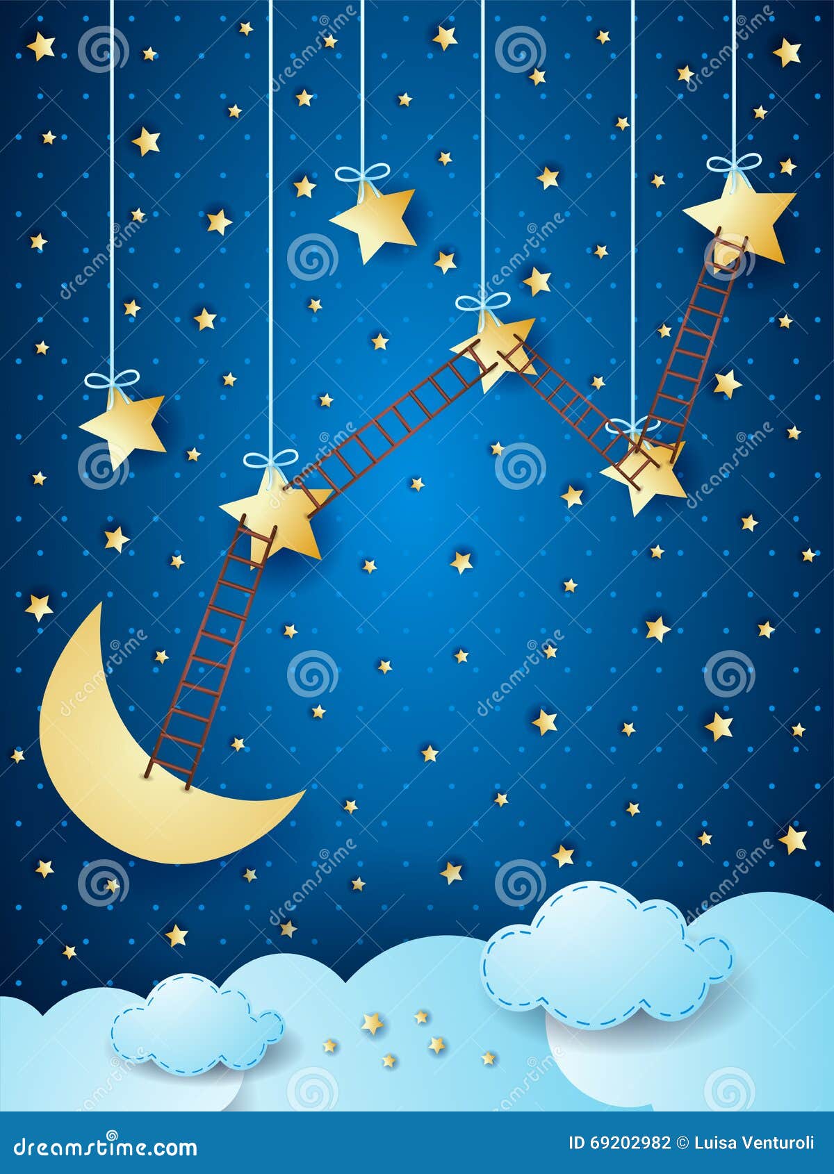 Surreal Landscape With Moon, Stars And Ladders Vector Illustration ...