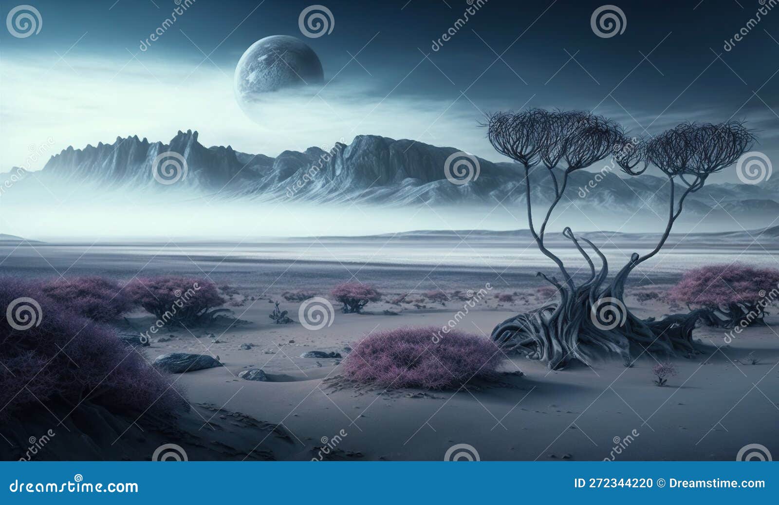 A Surreal Landscape with Mountains and Trees in the Distance and a ...