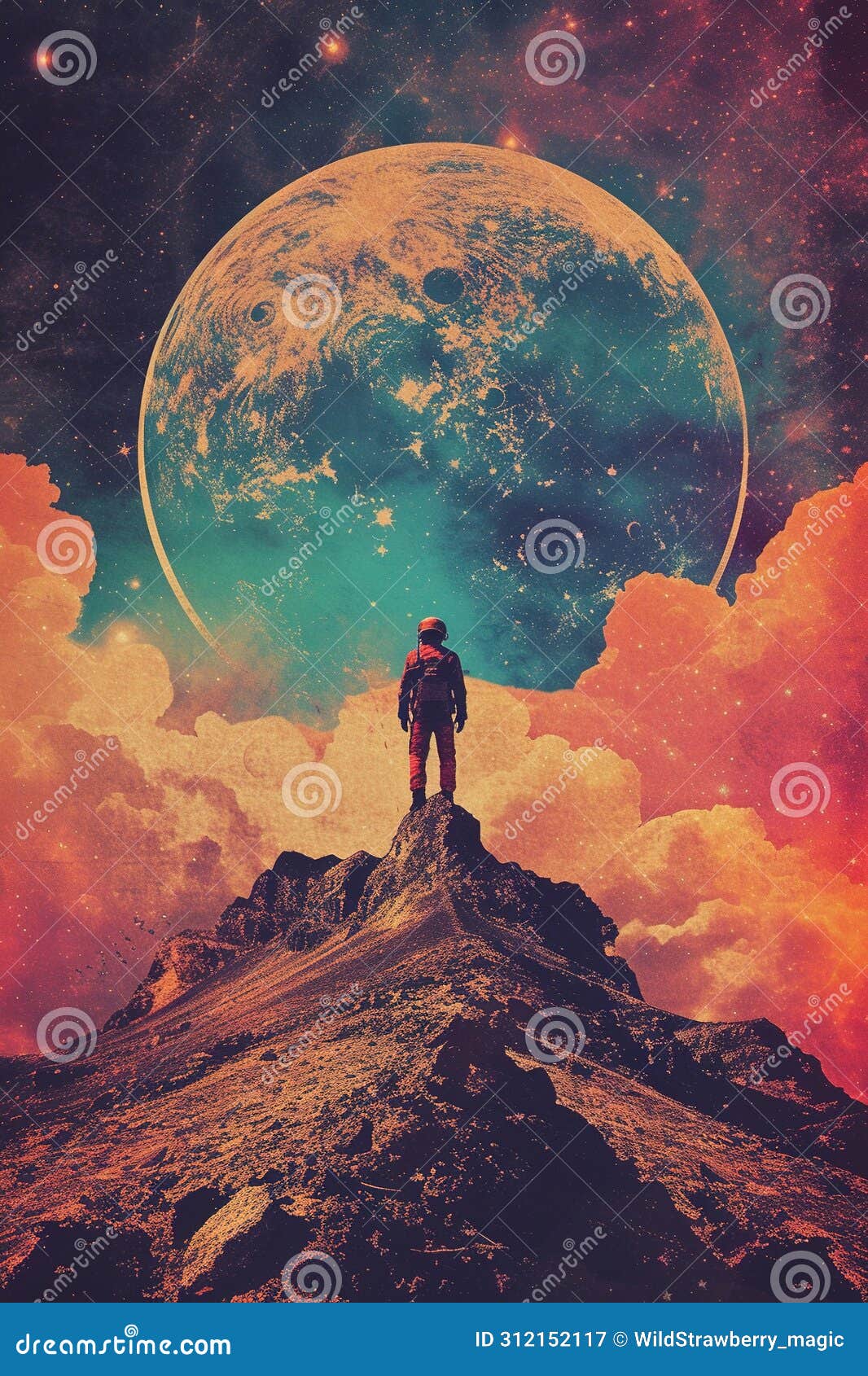 Surreal Landscape with a Person, Mountain, and a Triangle Framing a Red ...