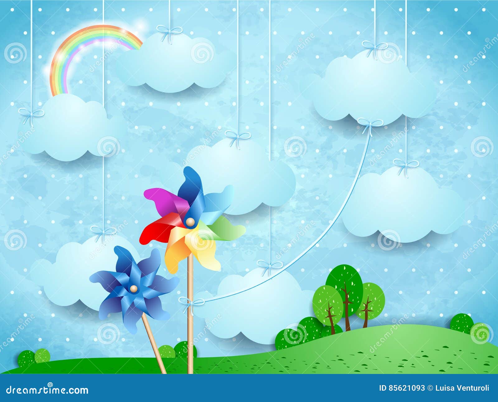 Surreal Landscape with Pinwheels and Hanging Clouds Stock Vector ...