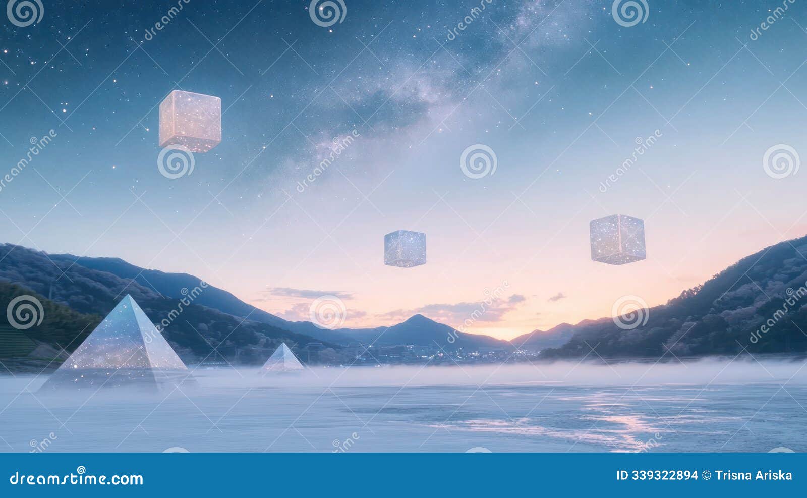 A Surreal Landscape with Pyramids and Floating Cubes Under a Starry Sky ...