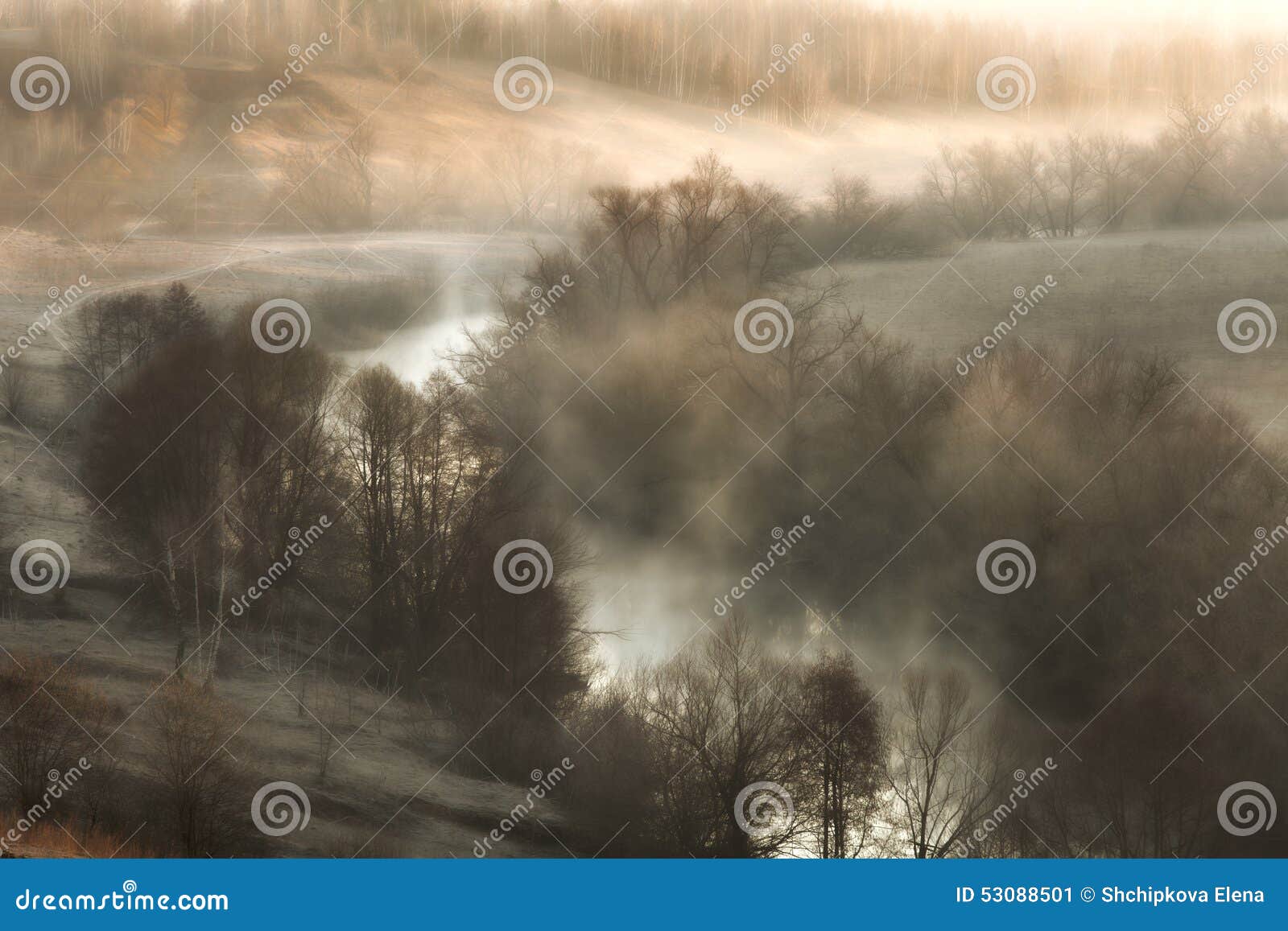 Surreal Landscape with a River Mist at Sunrise Stock Image - Image of ...
