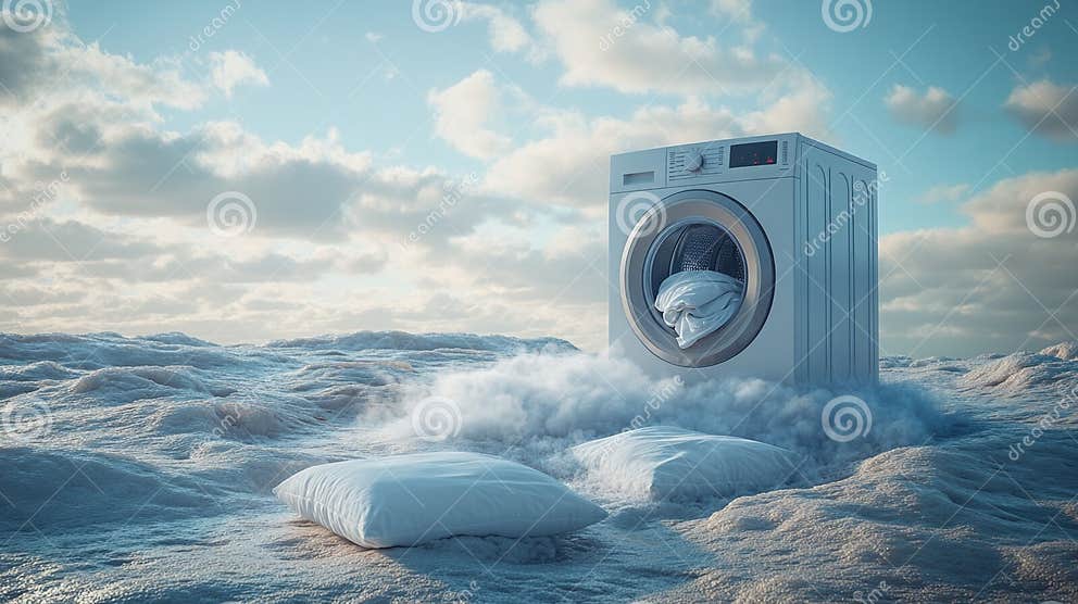 Surreal Landscape with Washing Machine in Cloudy Sky Setting Stock ...