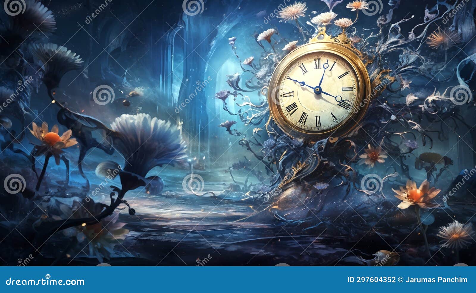 Surreal Landscape with a Big Clock and Blue Flower. Stock Illustration ...