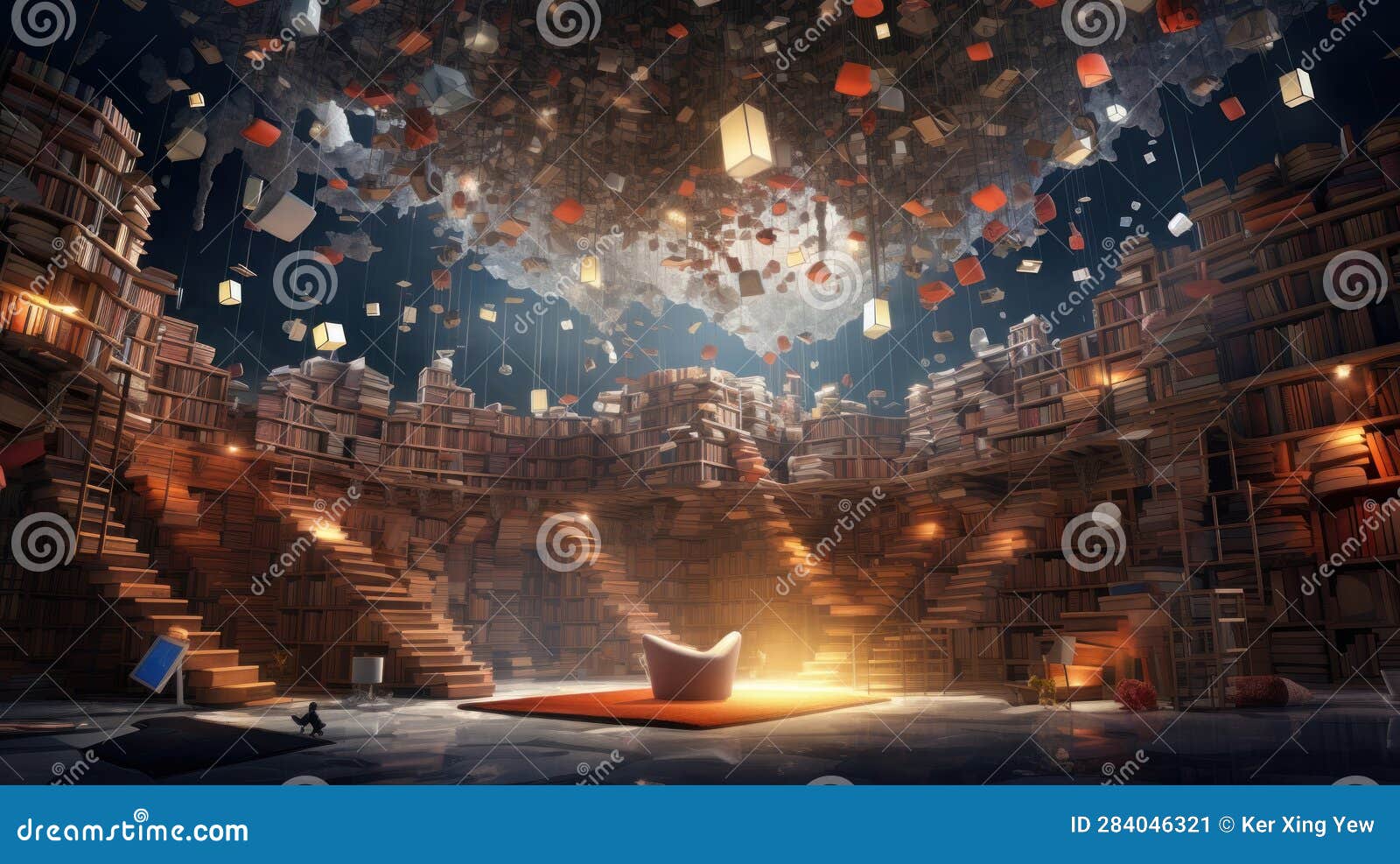 Surreal Library Interior Design Stock Illustration - Illustration of ...