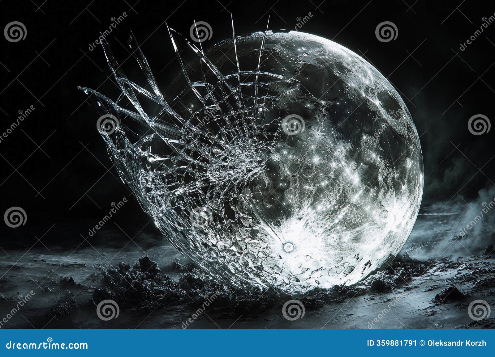 A Surreal Lunar Landscape Featuring a Shattered Moon on a Desolate ...