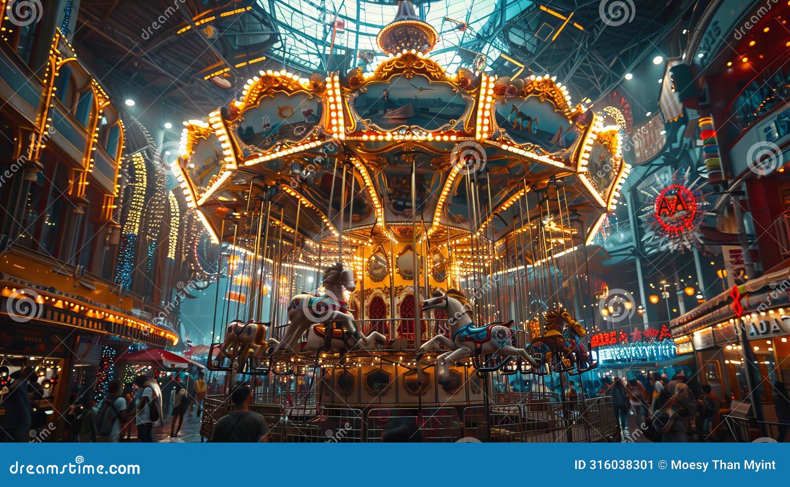 A Surreal Magical Theme Park Funfair with a Lot of Carousel and Games ...