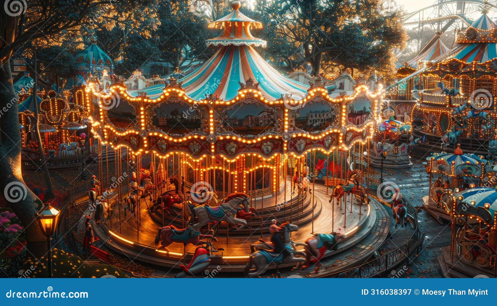 A Surreal Magical Theme Park Funfair with a Lot of Carousel and Games ...
