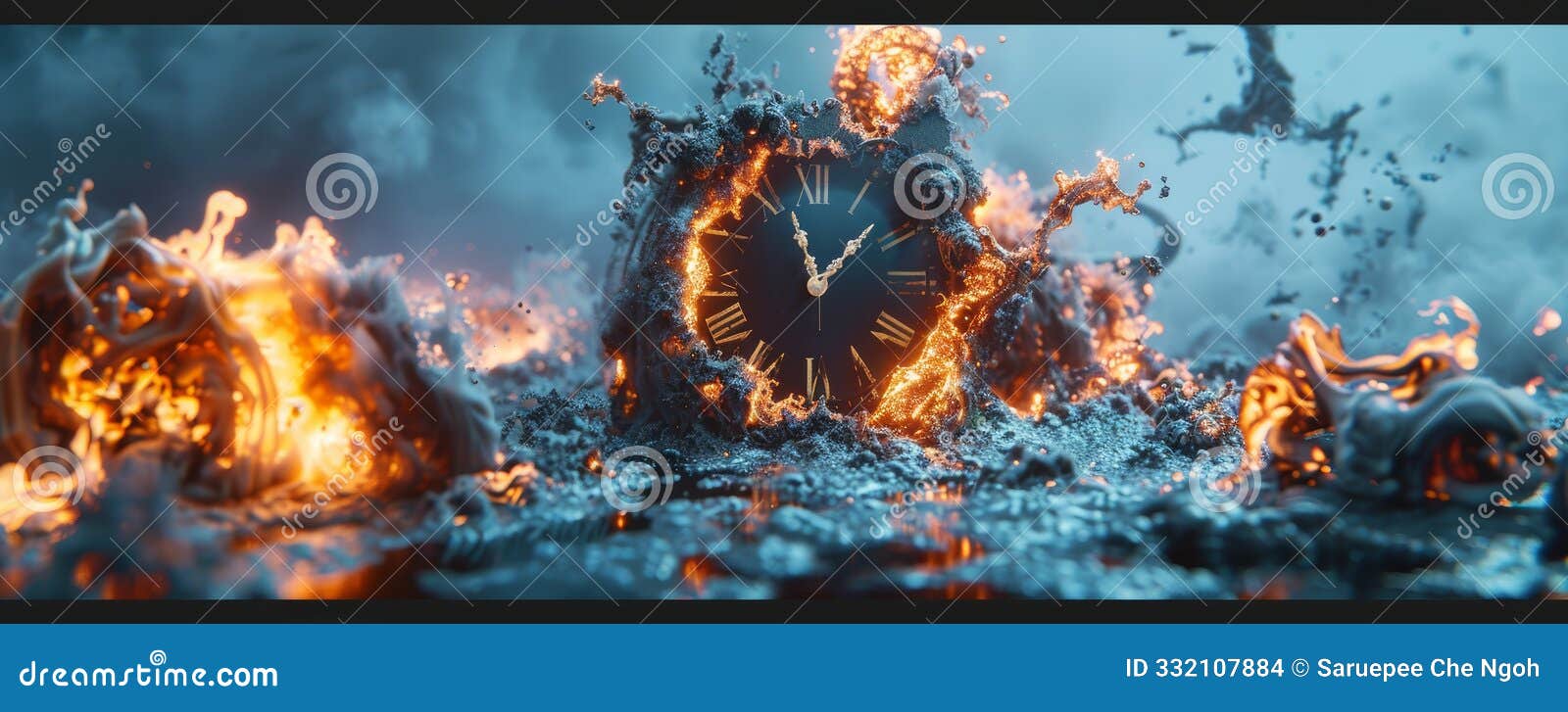 Surreal Melting Clock in Fiery Landscape with Dramatic Lighting and ...