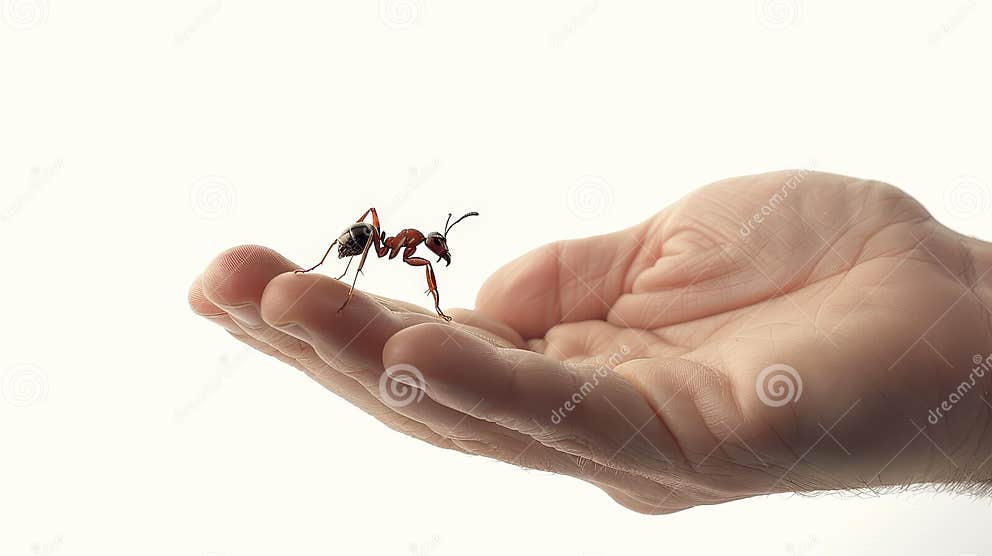 Surreal Mini Ant on a Hand Against a Stark White Background Stock ...