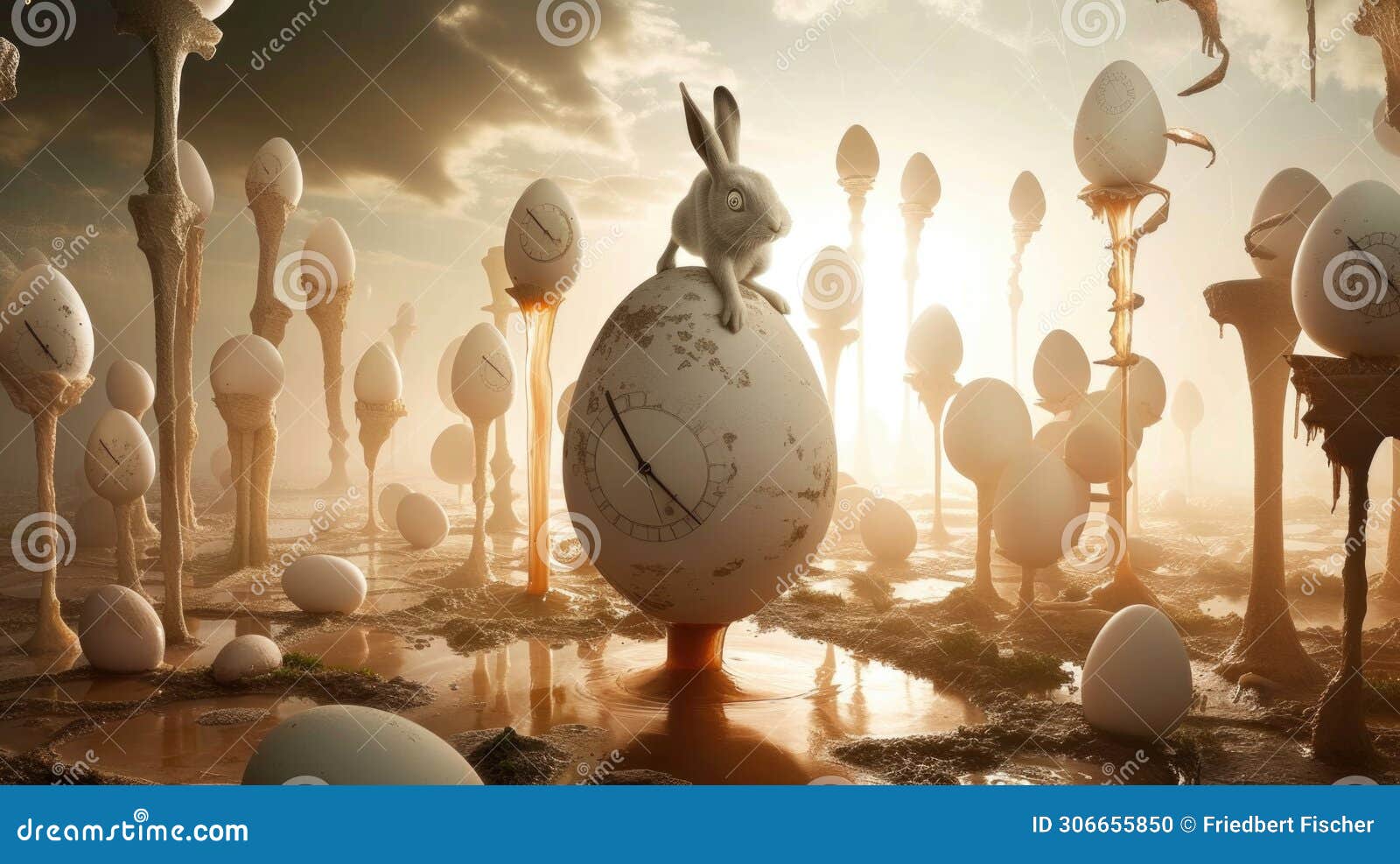 In a Surreal Monochromatic Easter Background, a Rabbit Perches Atop an ...