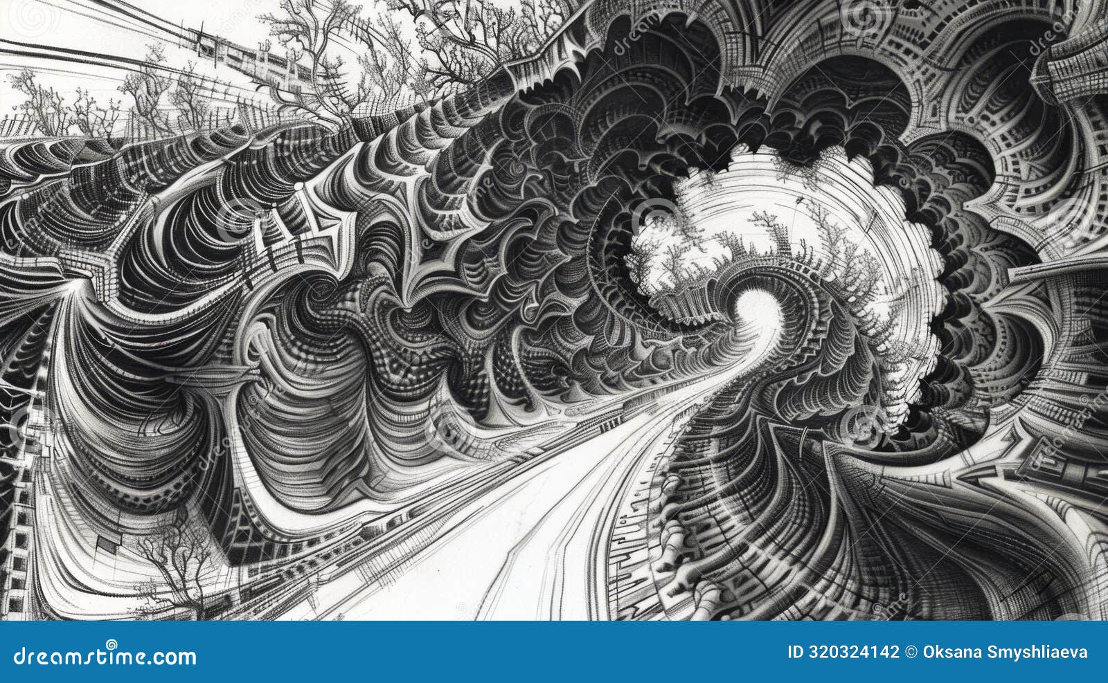 Surreal Monochrome Vortex Drawing with Hypnotic Patterns Stock Photo ...