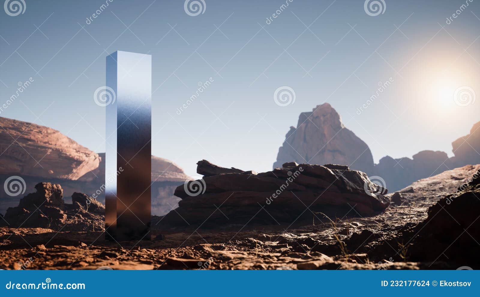 Surreal Mountains Landscape of Mars with Silver Cube. Minimal Abstract ...