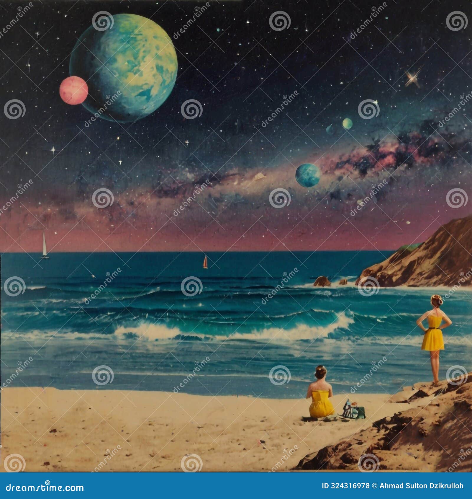 Surreal Multi-Planet Landscape Over Ocean Horizon Stock Photo - Image ...