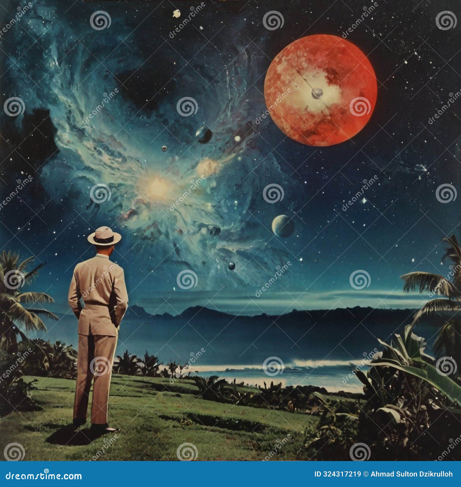 Surreal Multi-Planet Landscape Over Ocean Horizon Stock Illustration ...