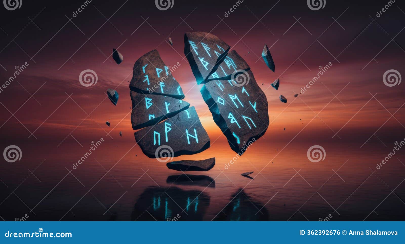 Surreal Mysterious Glowing Runes on Floating Broken Stone at Sunset ...