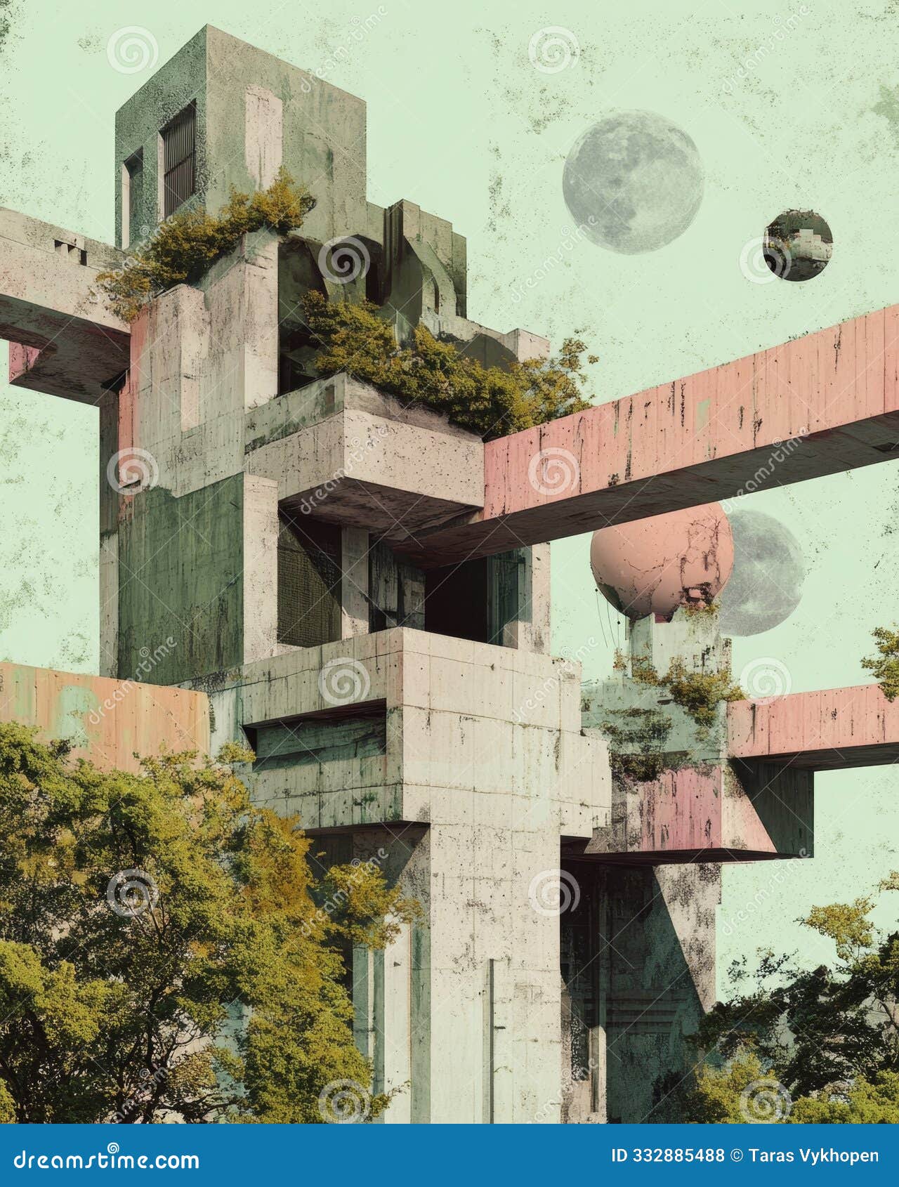 Surreal Neo Brutalist Architecture Surrounded by Nature Under a Pastel ...