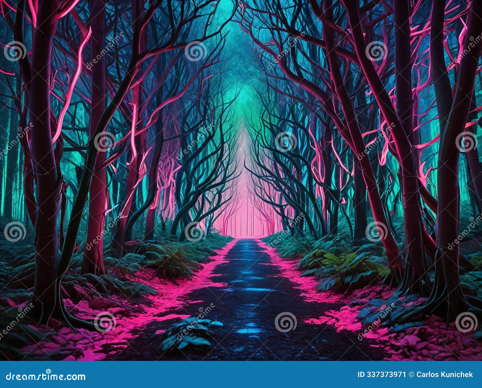 A Surreal Neon Forest Scene. Central Focus is a Path with a Grid-like ...
