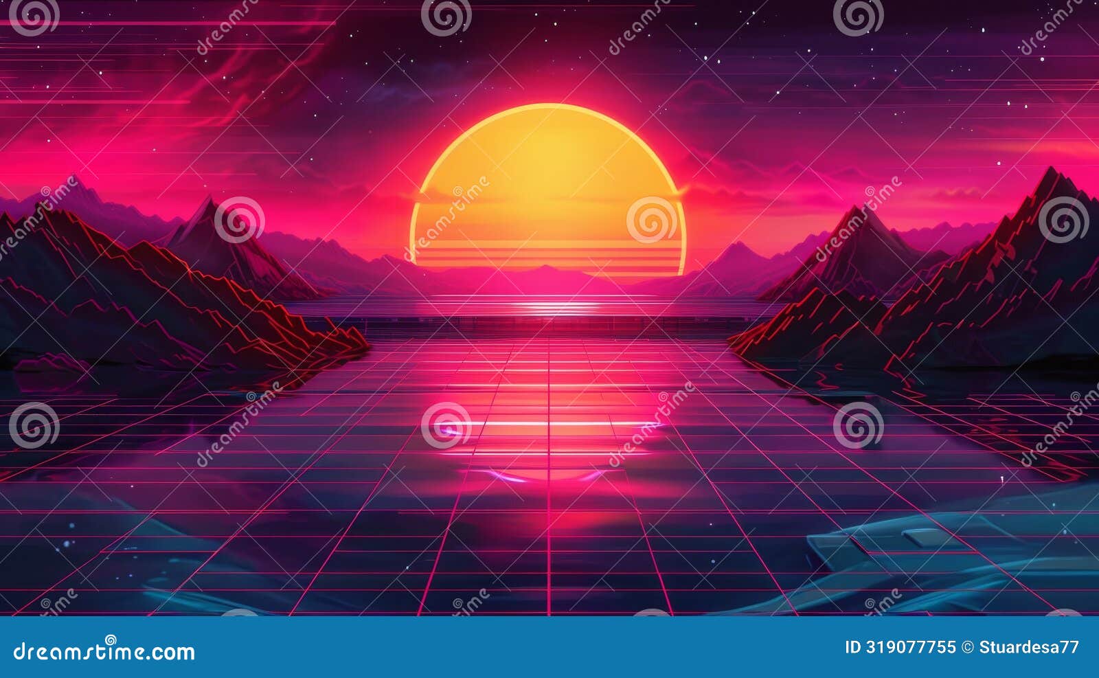 Surreal Neon Mountain Reflection Stock Image - Image of design ...