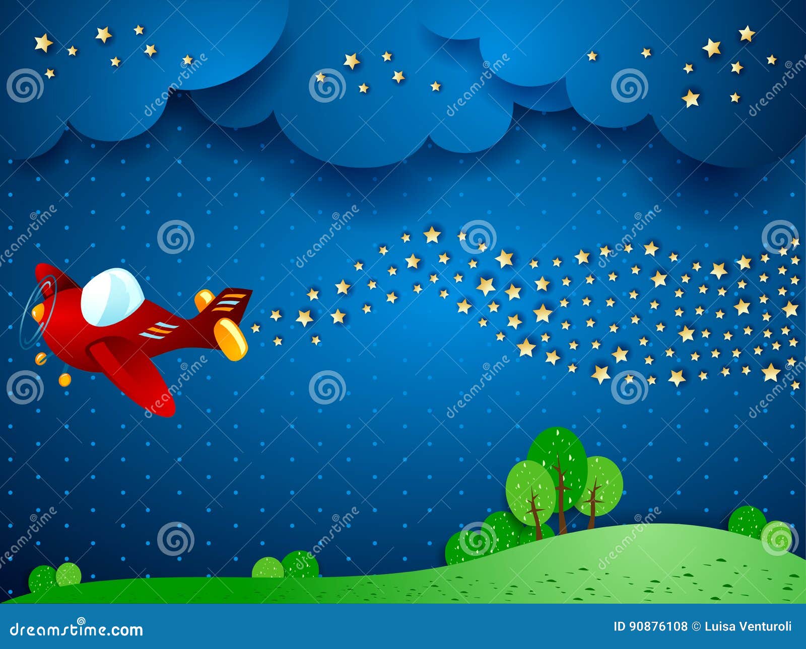Surreal Night with Airplane and Wave of Stars Stock Vector ...