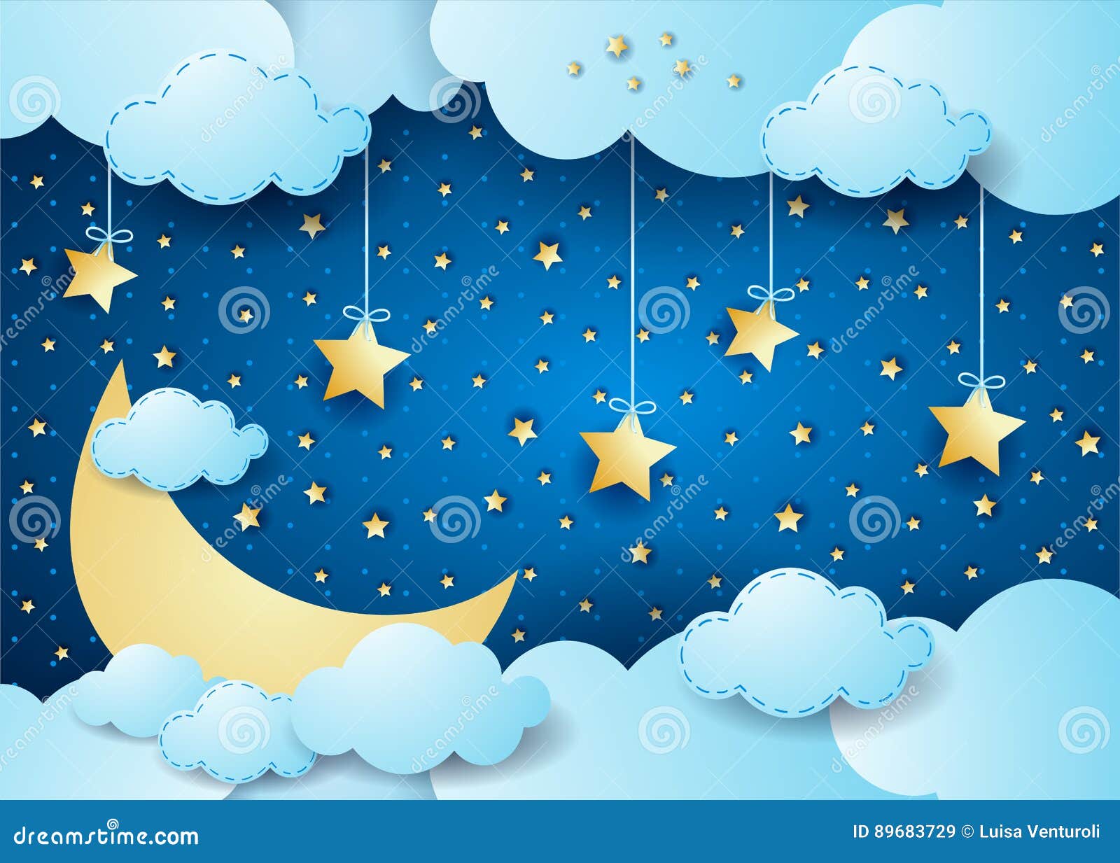 Surreal Night With Full Moon, Hanging Stars And Ladders Cartoon Vector ...