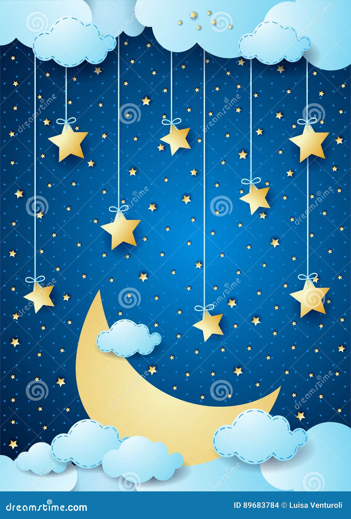 Surreal Night With Full Moon, Hanging Stars And Ladders Vector ...