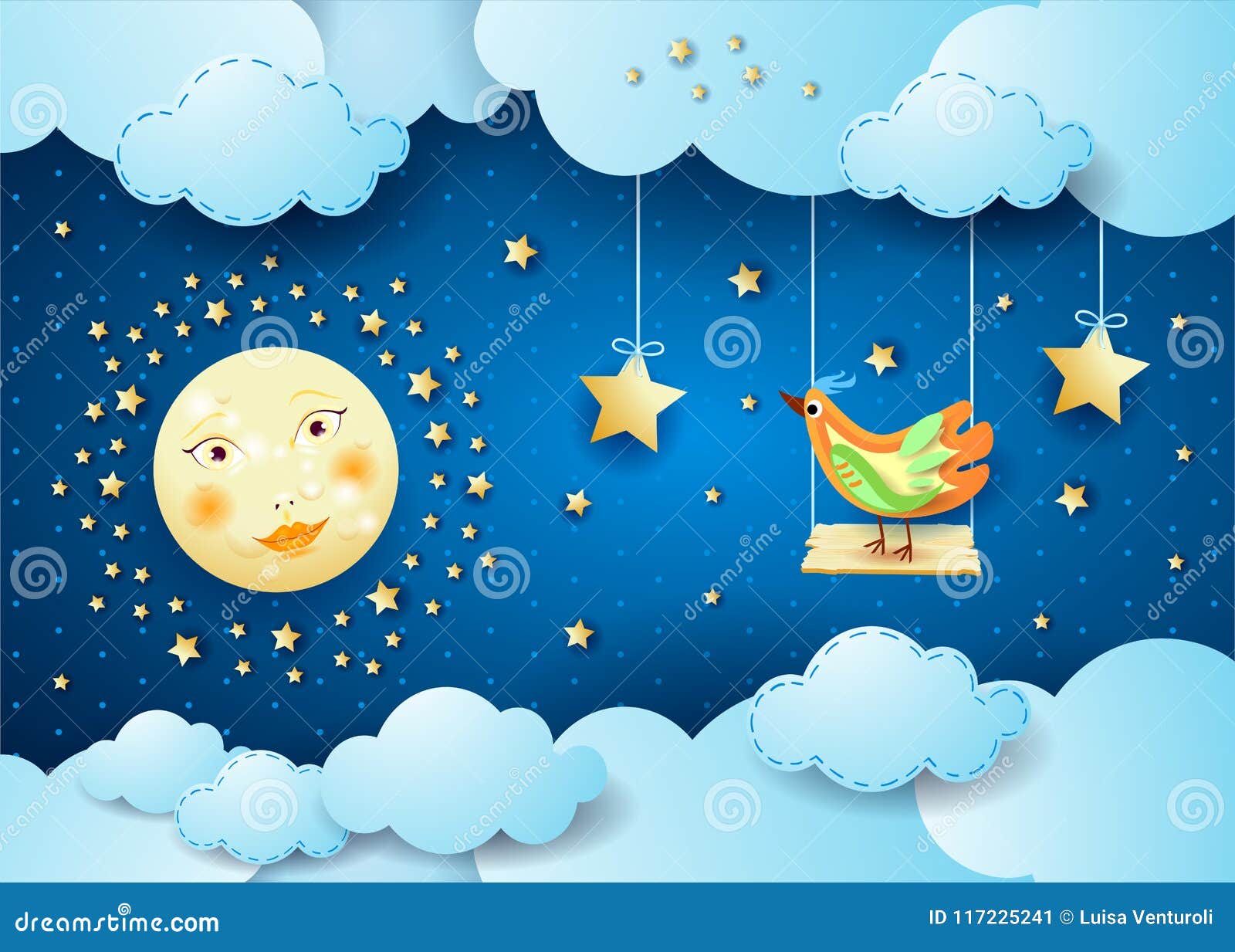 Surreal Night with Clouds, Swing and Bird Stock Vector - Illustration ...