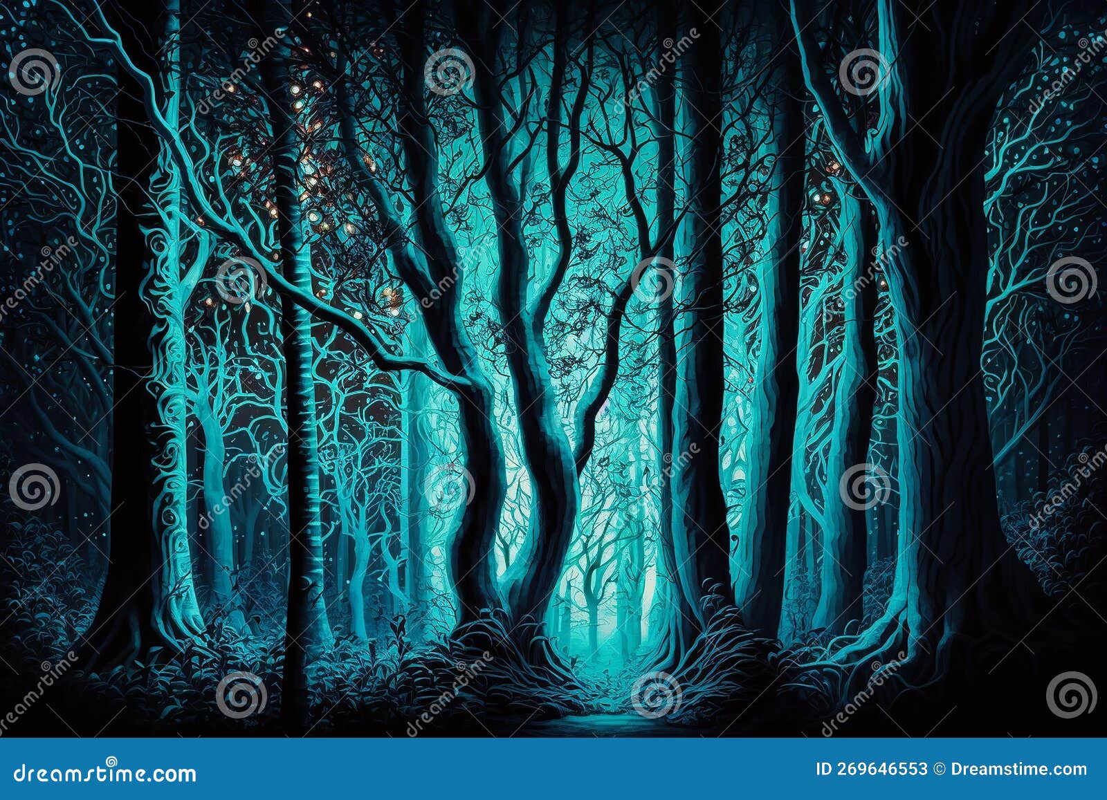 Surreal Night Forest with Eerie Blue Light. Stock Illustration ...