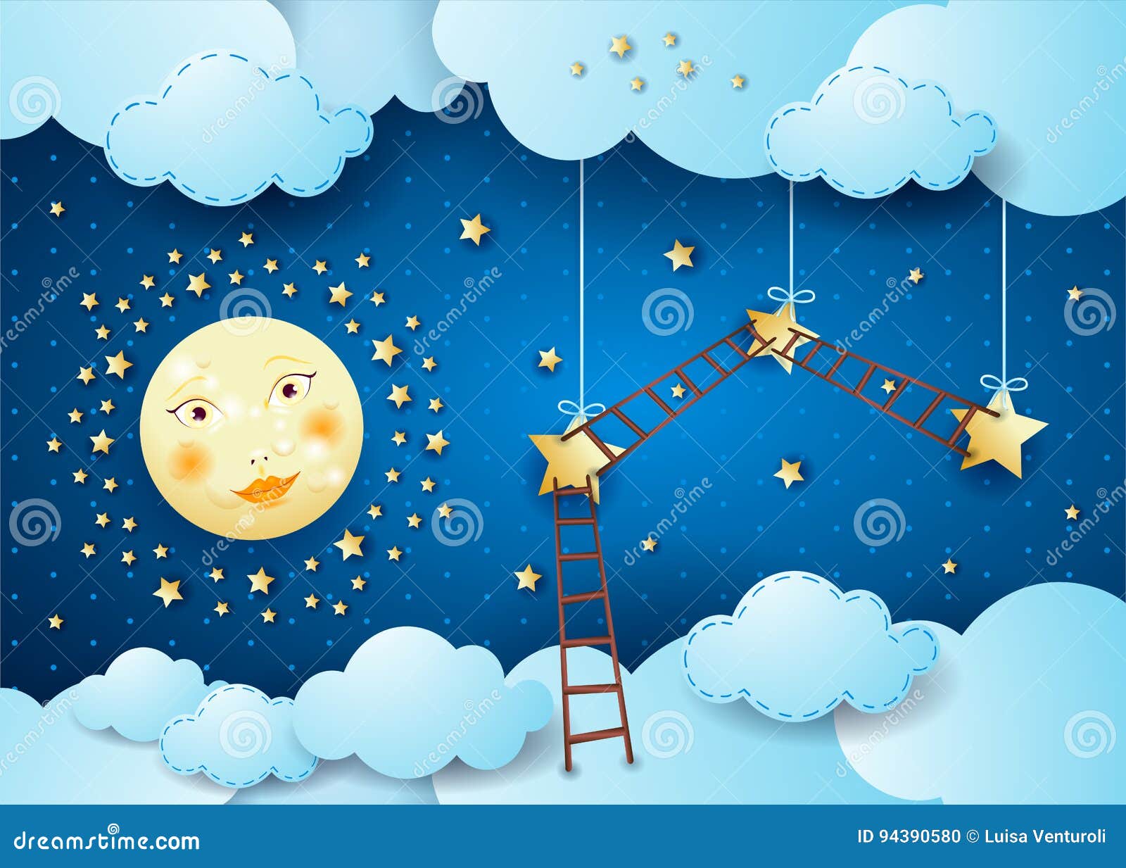 Surreal Night With Full Moon, Hanging Stars And Ladders Vector ...