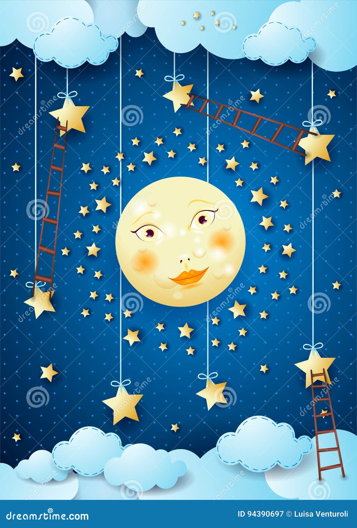 Surreal Night With Full Moon, Hanging Stars And Ladders Cartoon Vector ...
