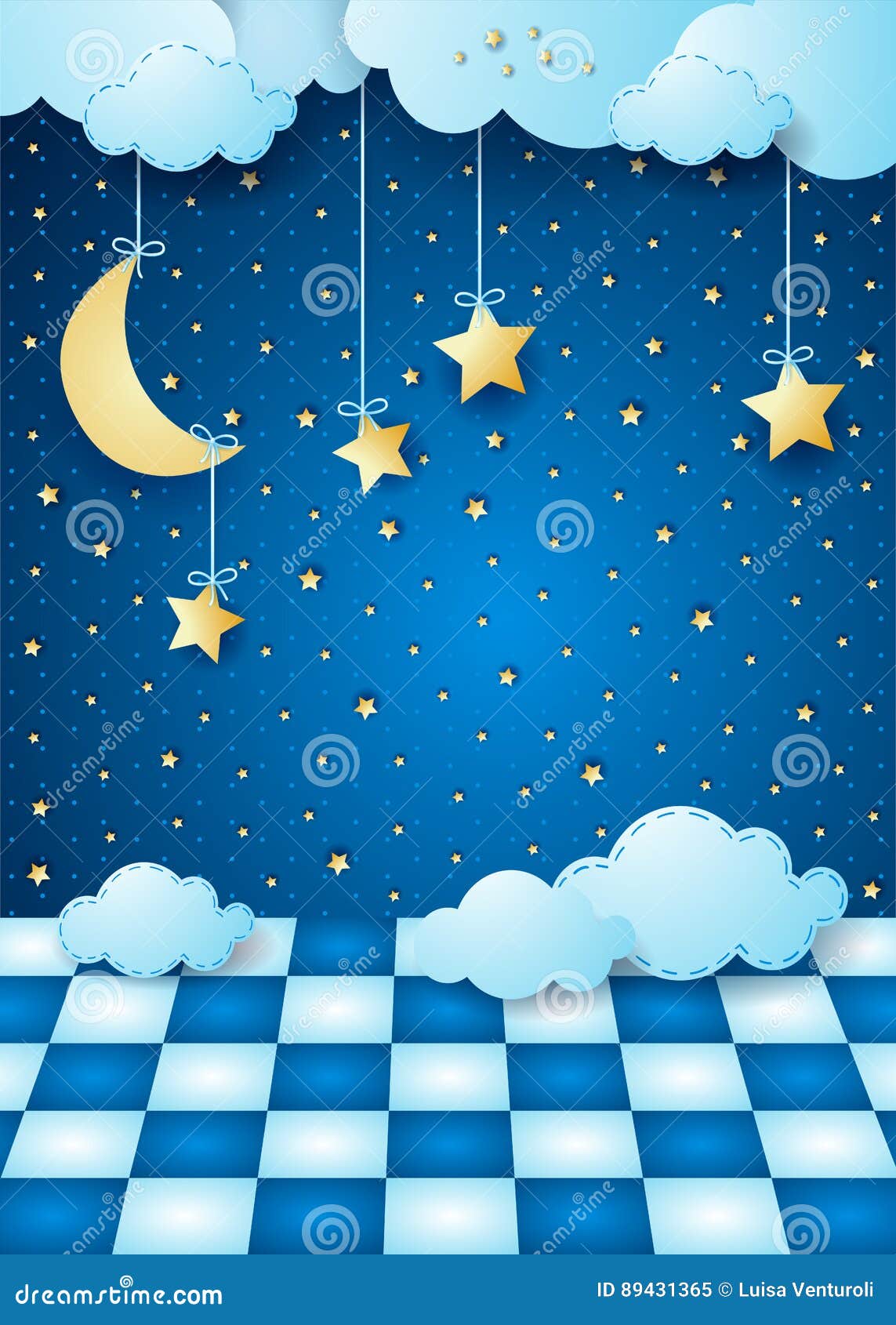 Surreal Night with Hanging Moon, Clouds and Floor Stock Vector ...
