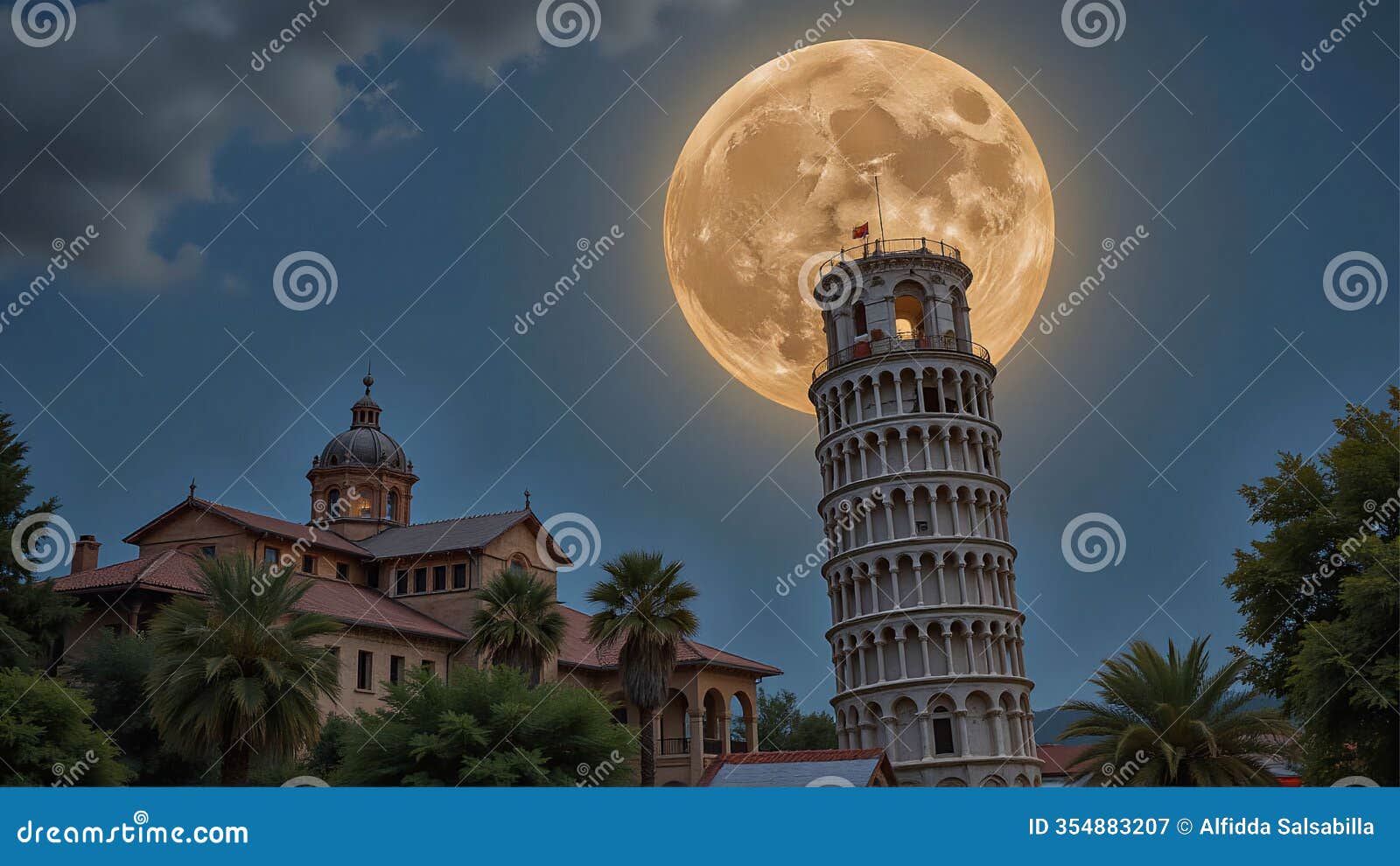 A Surreal Night Scene Featuring a Leaning Tower Shadowed by a Glowing ...