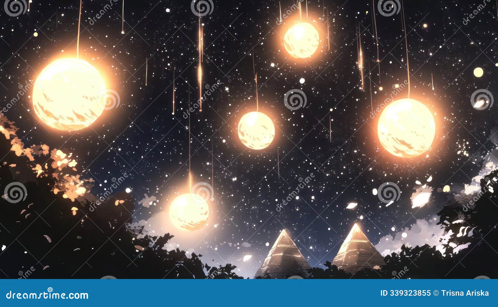 A Surreal Night Sky with Glowing Celestial Bodies Above Pyramids and ...