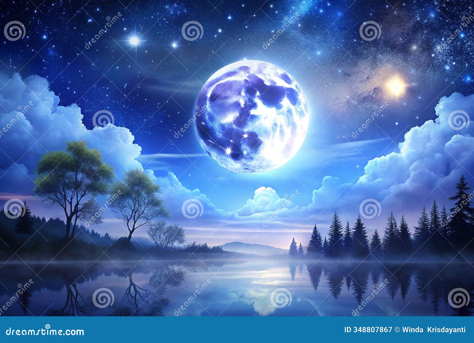 Surreal Nightscape with Large Moon, Stars, Clouds, and Tranquil Lake ...