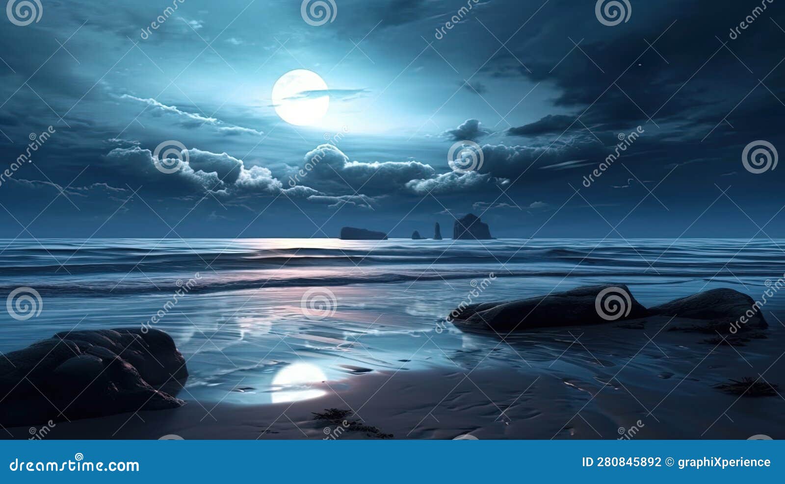 Surreal Ocean Moonlight Artwork Stock Illustration - Illustration of ...