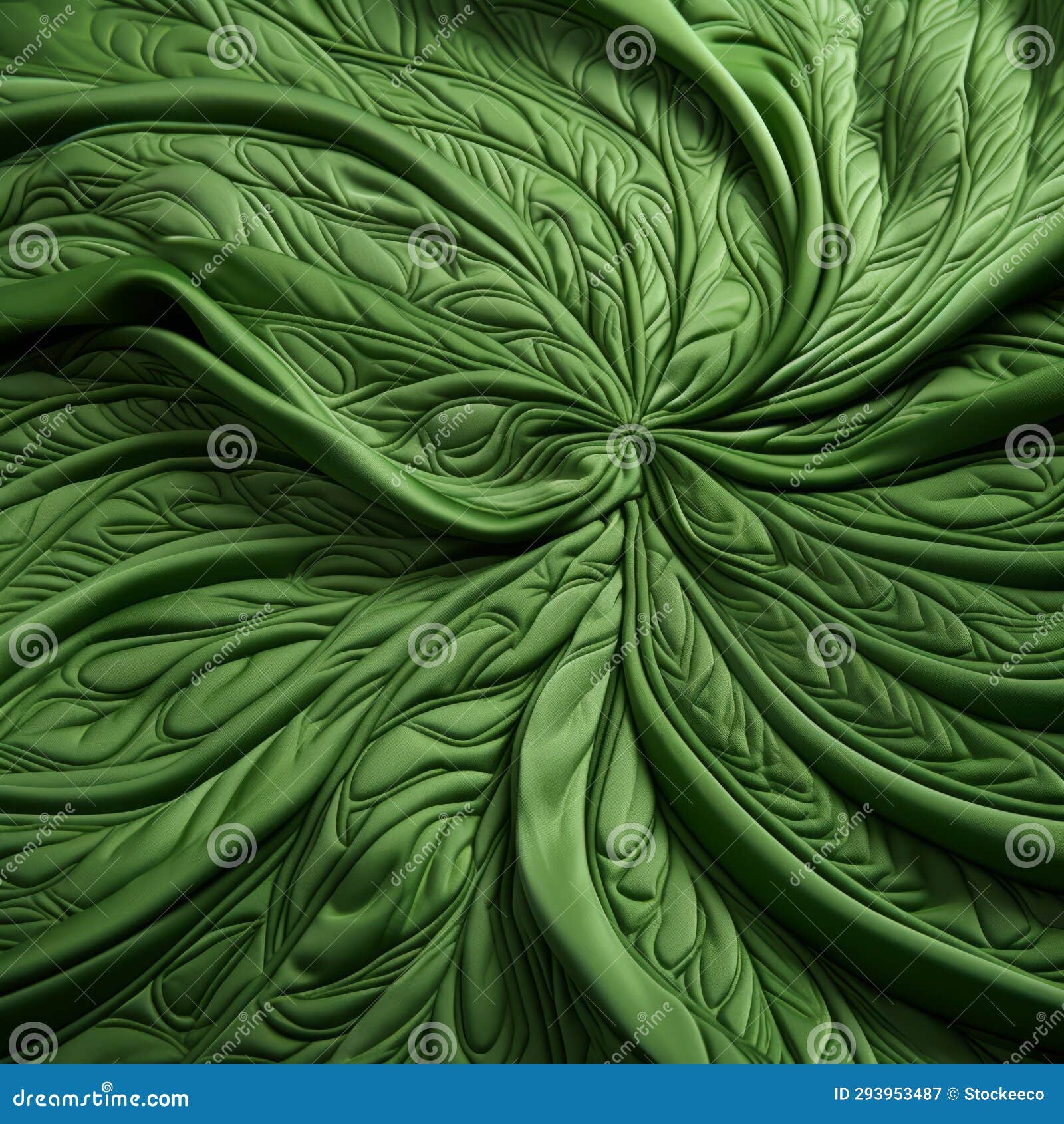 Surreal Organic Forms: Vibrant Green Fabric with Detailed Leaf Patterns ...