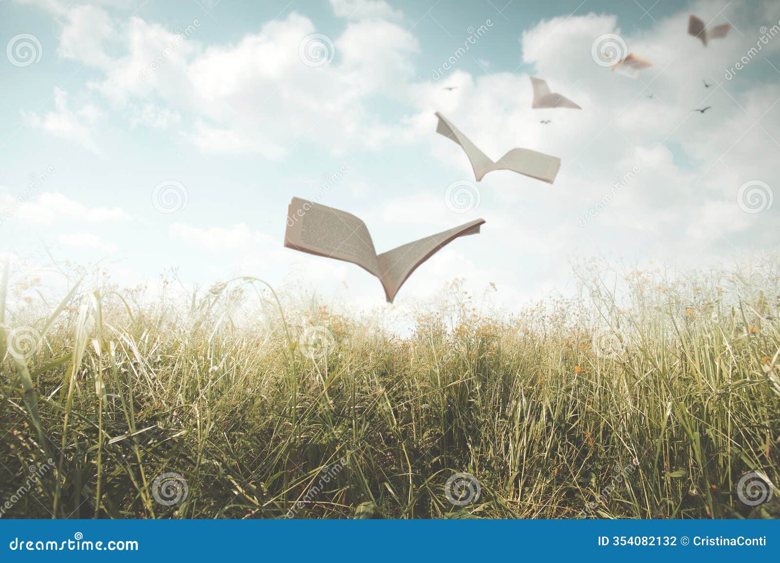 Surreal Pages of an Open Book Fly Free Like Birds in the Sky Stock ...