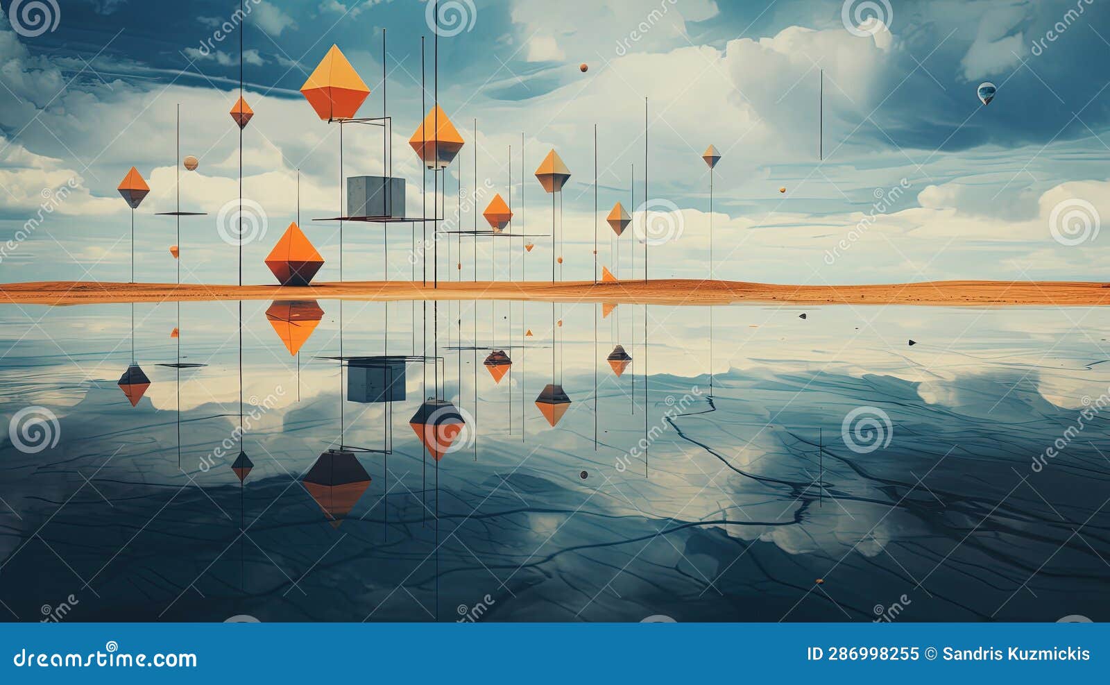 A Surreal Painting with Floating Geometric Shapes Stock Illustration ...