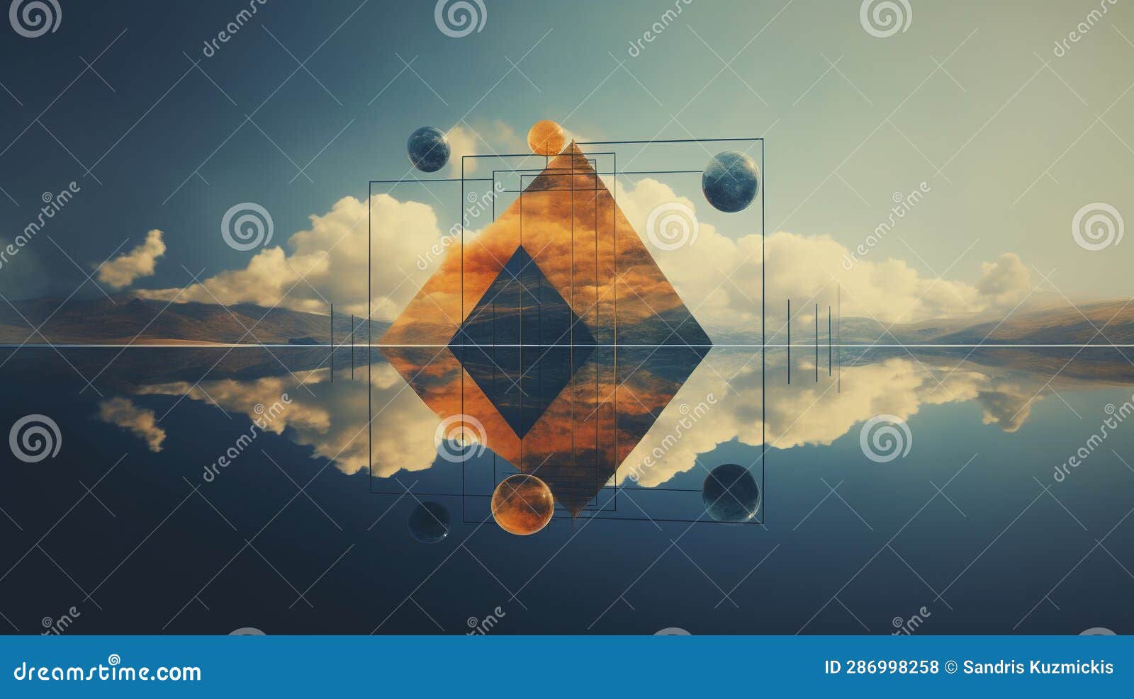 A Surreal Painting with Floating Geometric Shapes Stock Illustration ...