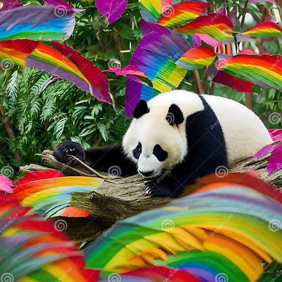A Surreal Panda With Wings Made Of Rainbow Hued Leaves Showcasing A Stunning Display Of Colors5