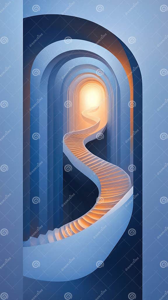 A Surreal Pathway Winding through Arches, Leading To a Warm Light Source Stock Illustration ...