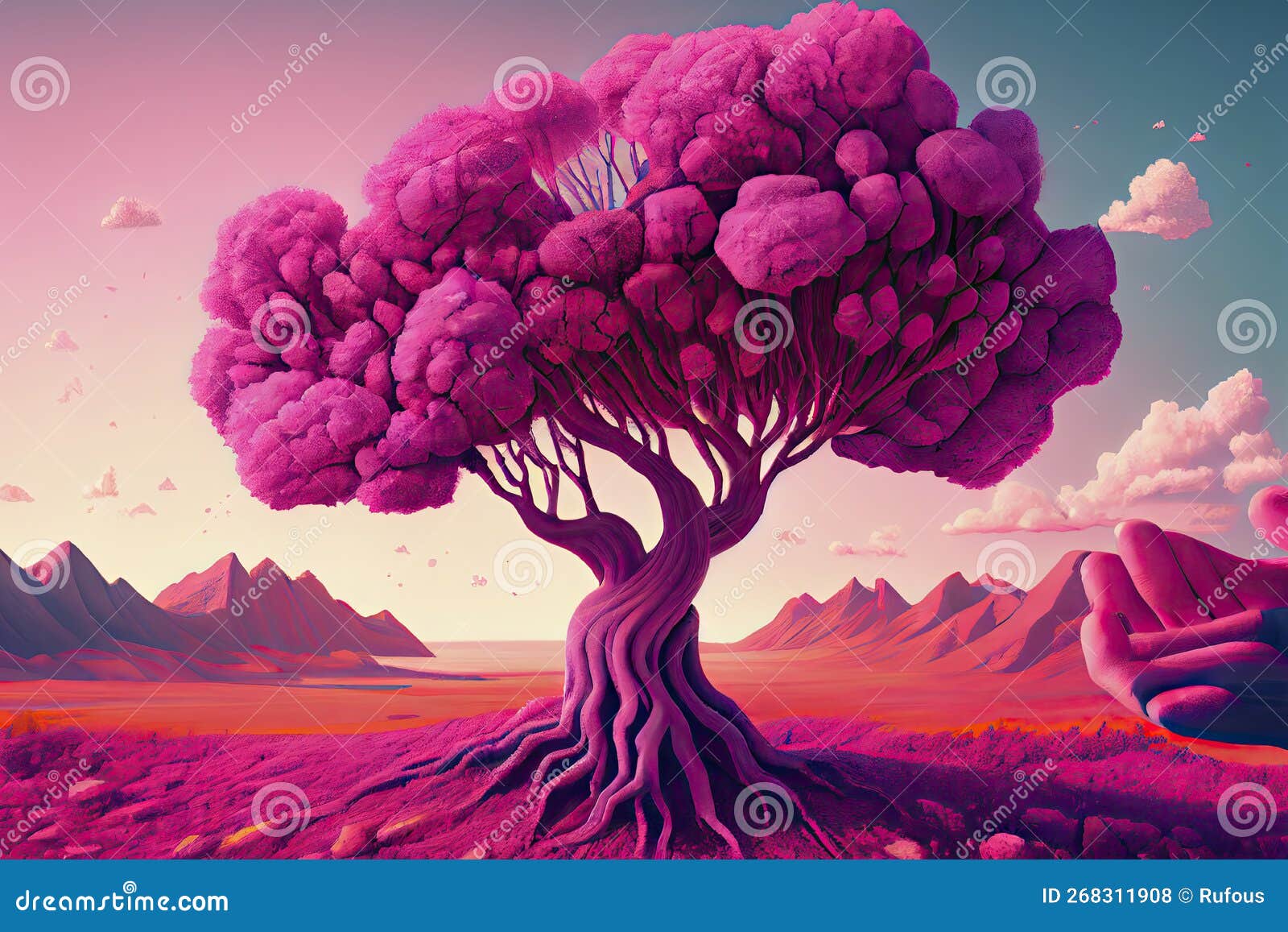 Surreal Pink Landscape with Hands Holding a Colorful Tree Stock ...