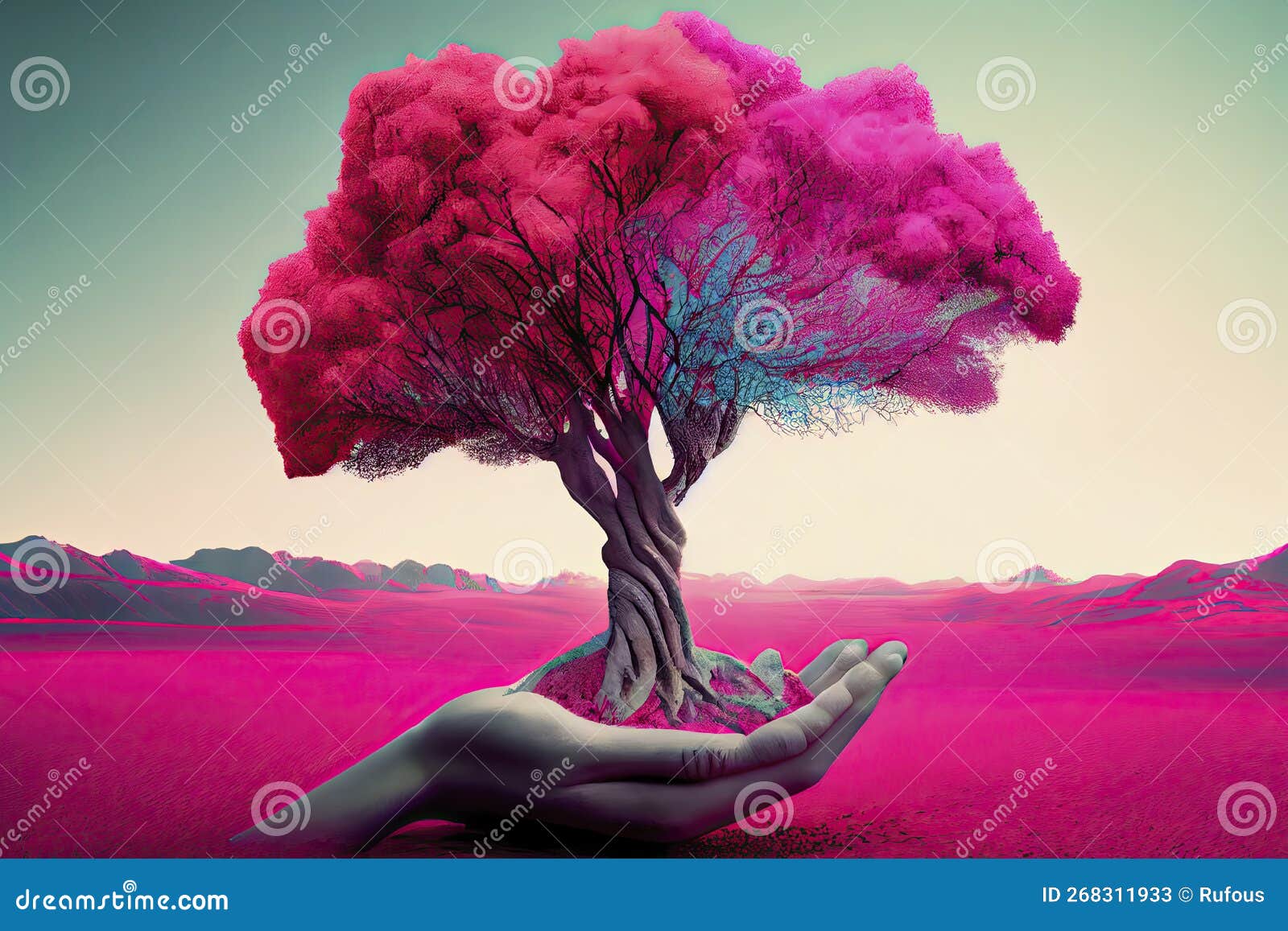 Surreal Pink Landscape with Hands Holding a Colorful Tree Stock ...
