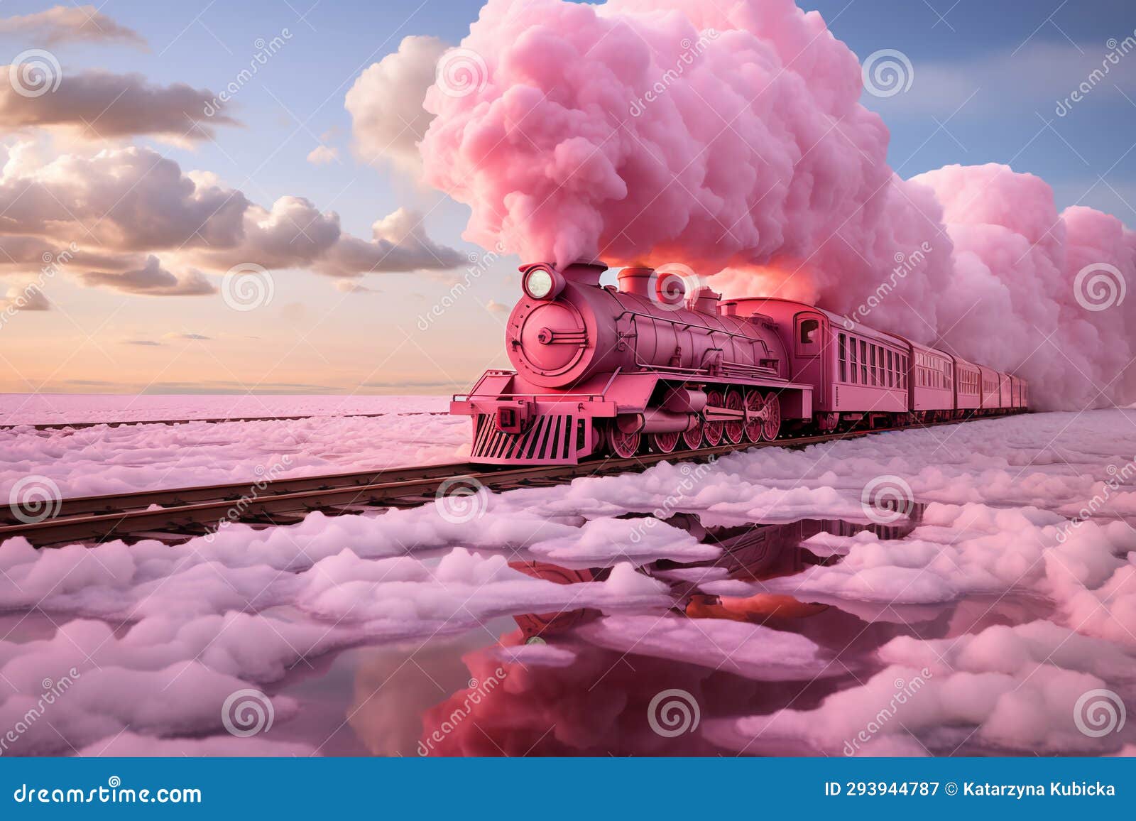 Surreal Pink Train on the Tracks with Pink Smoke and Clouds in the ...