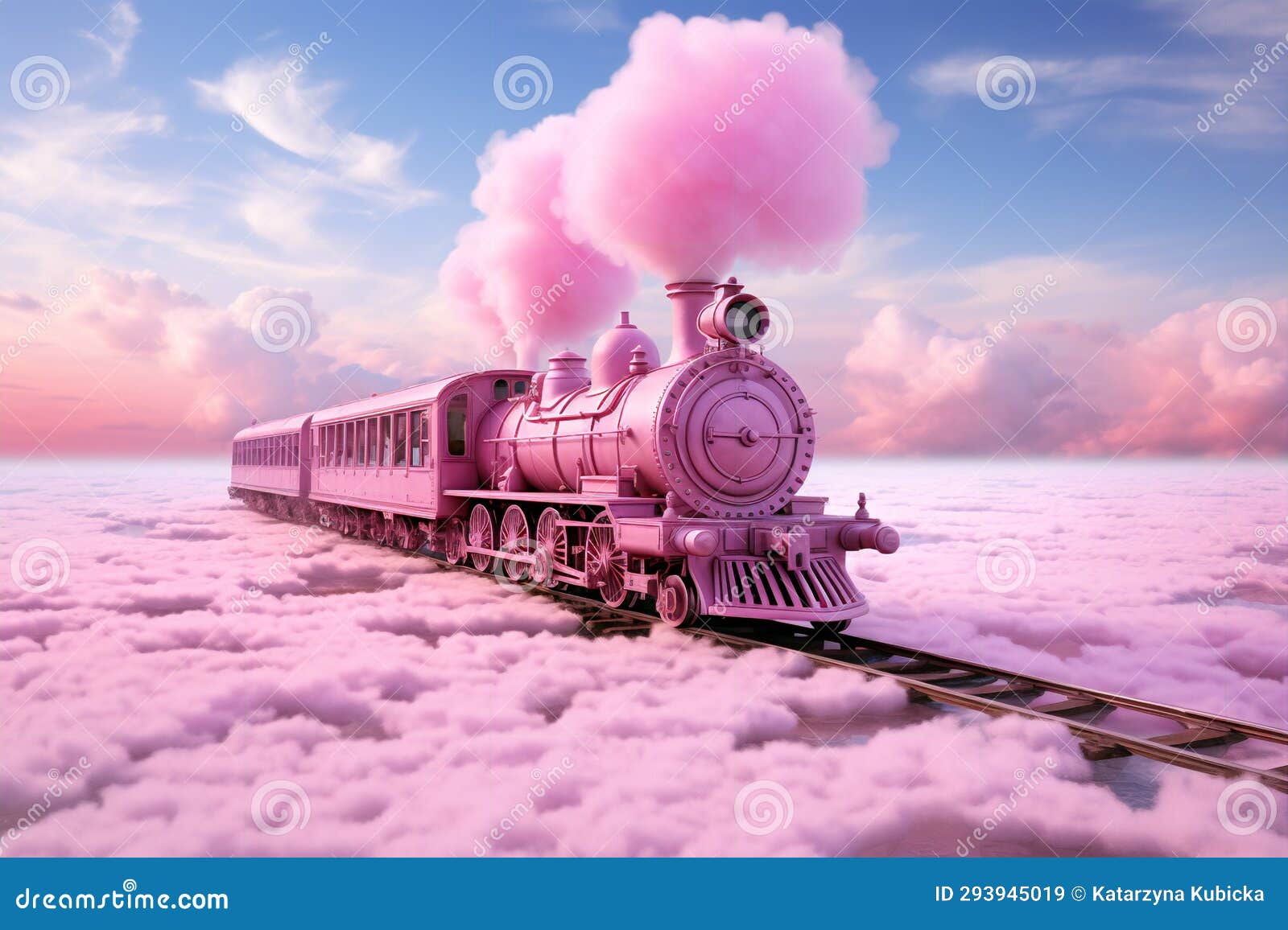 Surreal Pink Train on the Tracks with Pink Smoke and Clouds in the ...